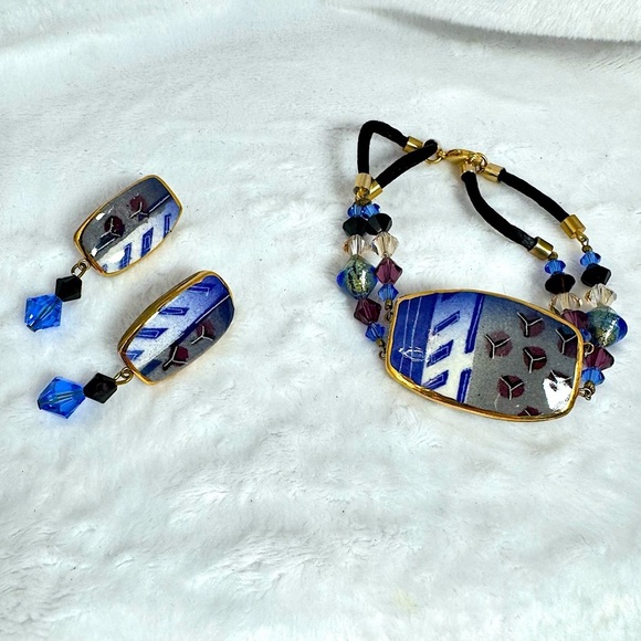 Jewelry | Vintage Handcrafted Beaded Bracelet And Earrings Set Blue ...